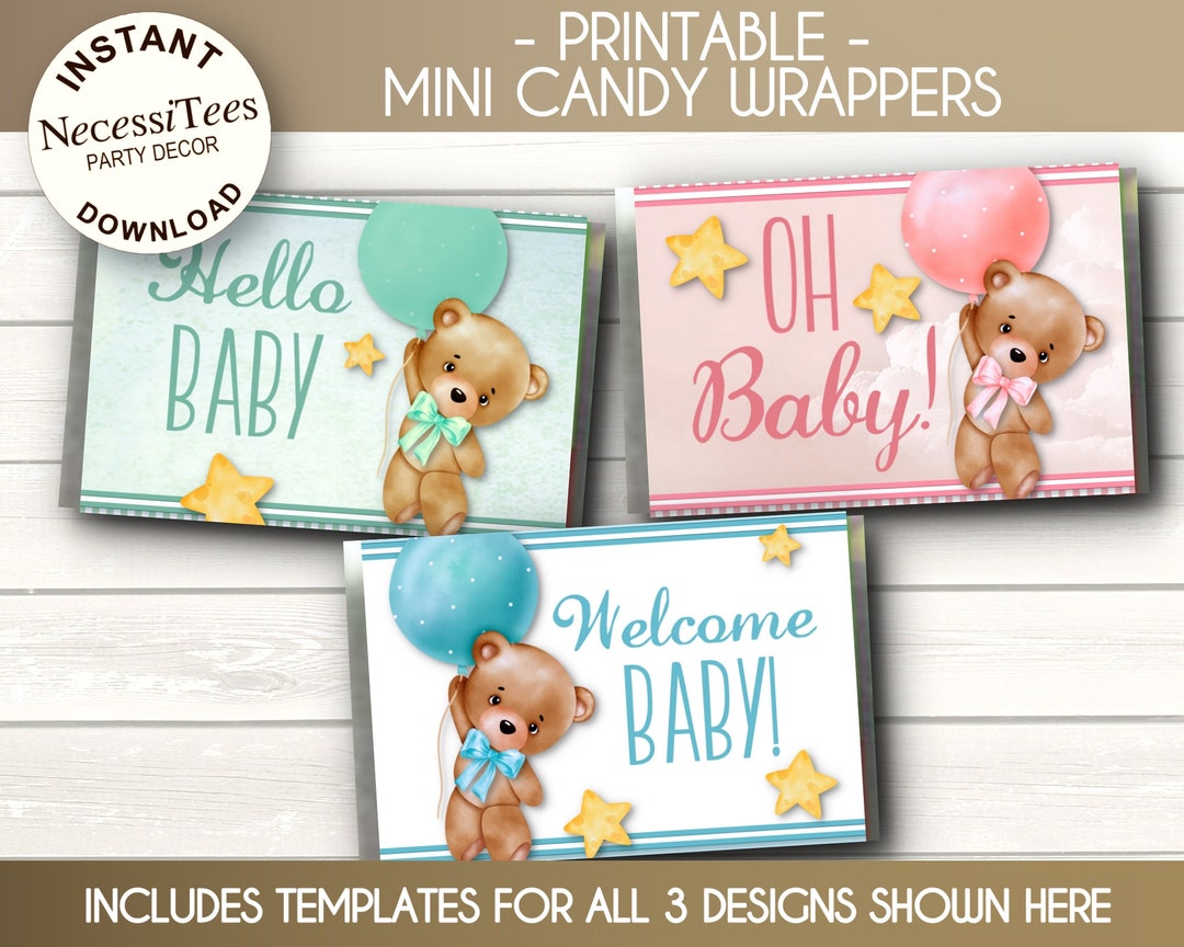 PRINTABLE Baby Shower Mini Candy Wrapper Templates Bear With Balloons ...