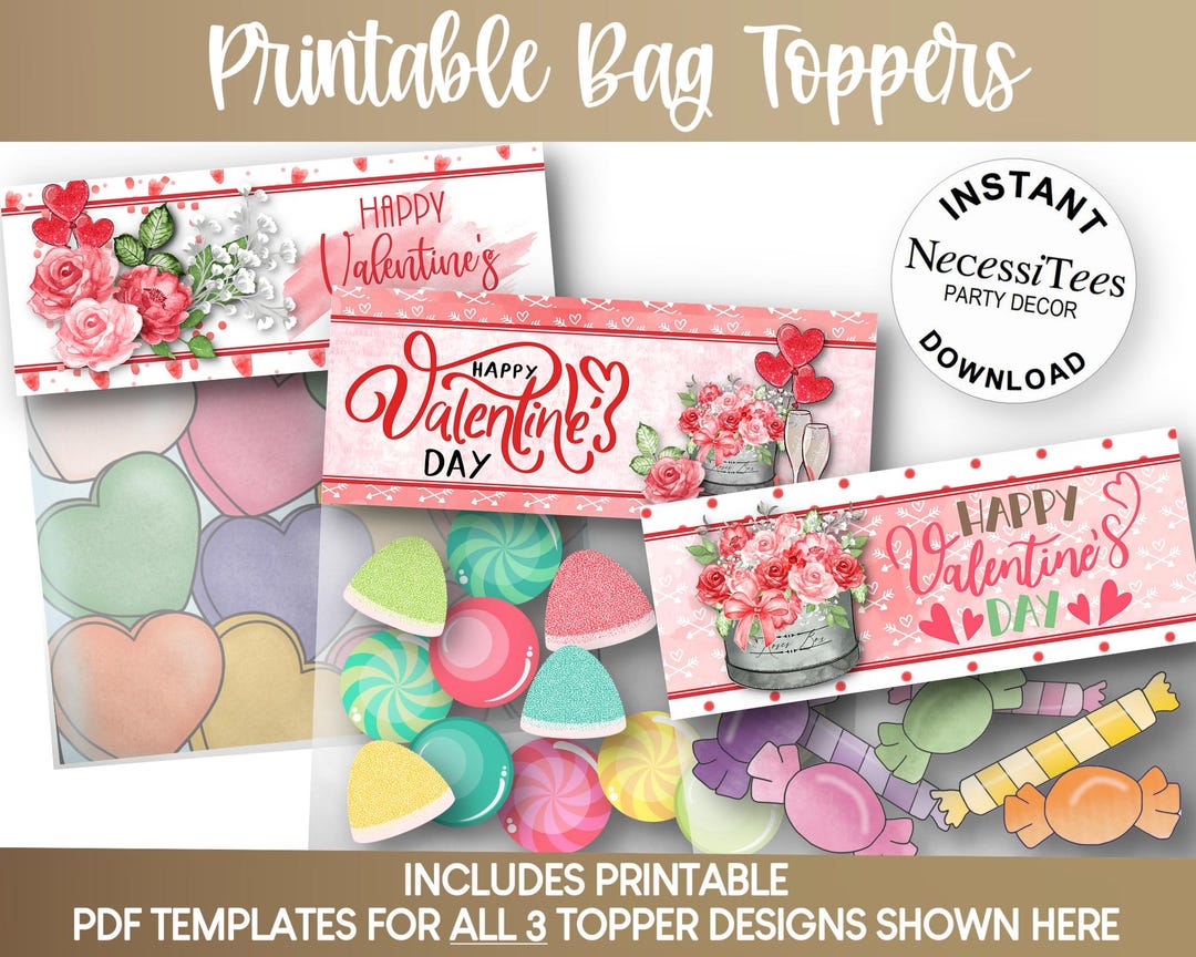 PRINTABLE Treat Bag Toppers Valentines Theme Floral Roses Pink, Red ...