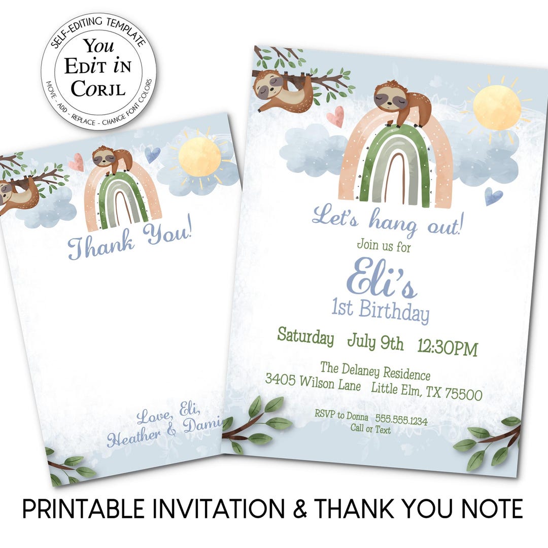 Baby Sloth Invitation & Thank You Card: Pastel Colors (you Edit in ...