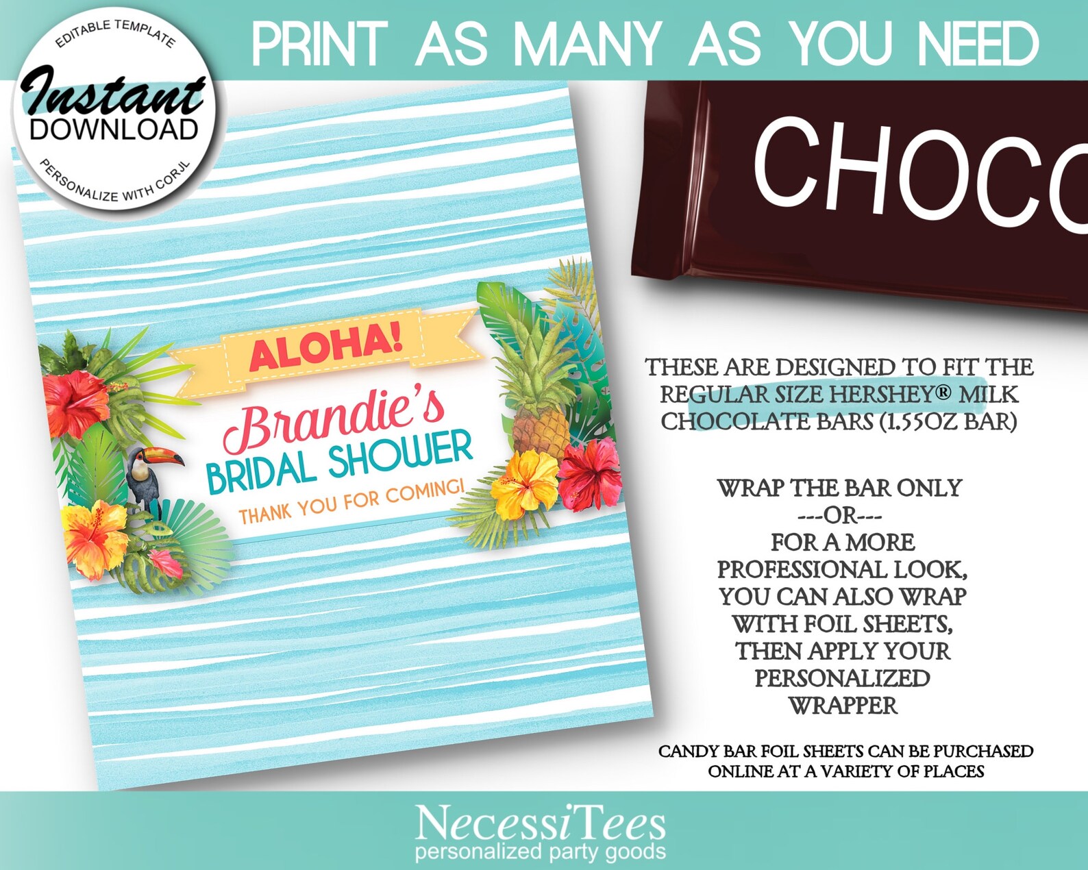PRINTABLE Candy Bar Wrapper Template Hawaiian Tropical Theme | Etsy