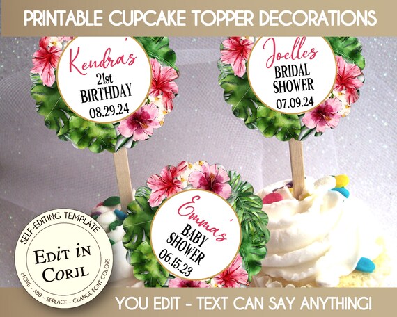 PRINTABLE Cupcake Toppers, Cake Pop Tags, Printable, Tropical Greenery ...