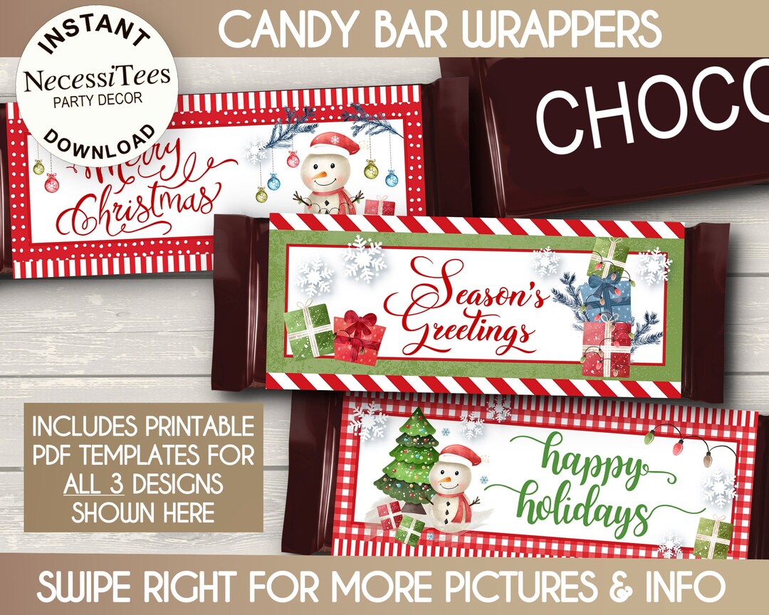 PRINTABLE Candy Bar Wrappers Christmas Theme Snowman, Packages ...