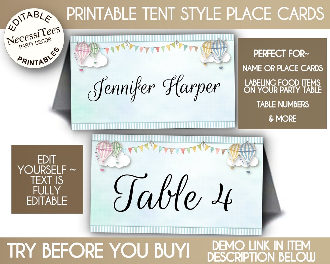 PRINTABLE Tent Style Place Cards Food Labeling Hot Air - Etsy