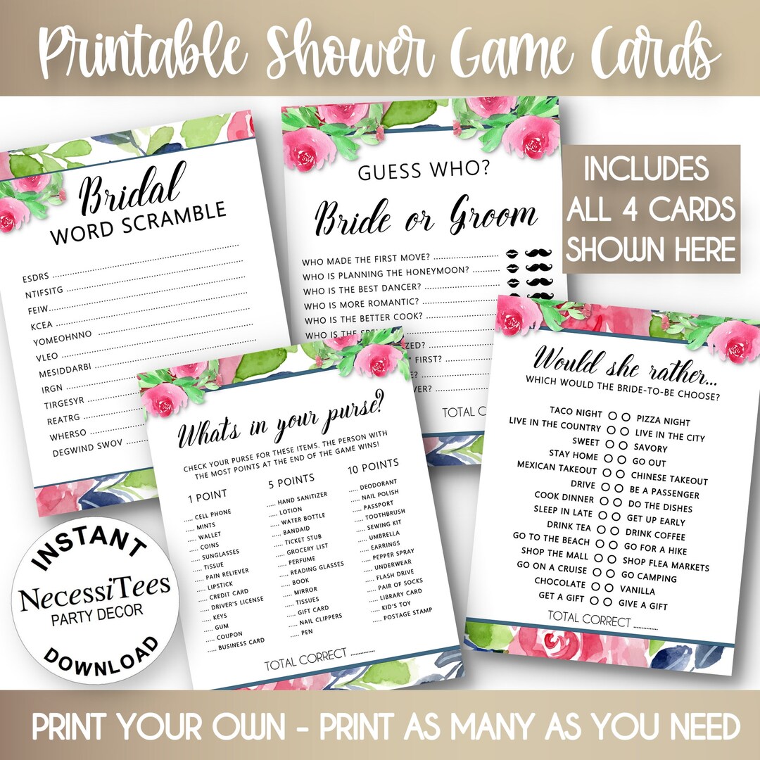 Floral Bridal Shower Games: Pink & Blue Party Activities (printable ...