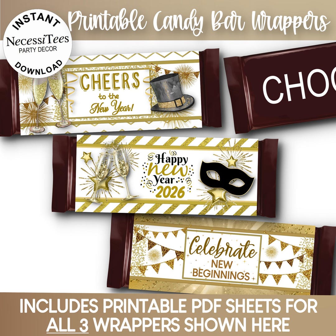 PRINTABLE Candy Bar Wrappers | Happy New Year Theme | 2025 | Gold ...