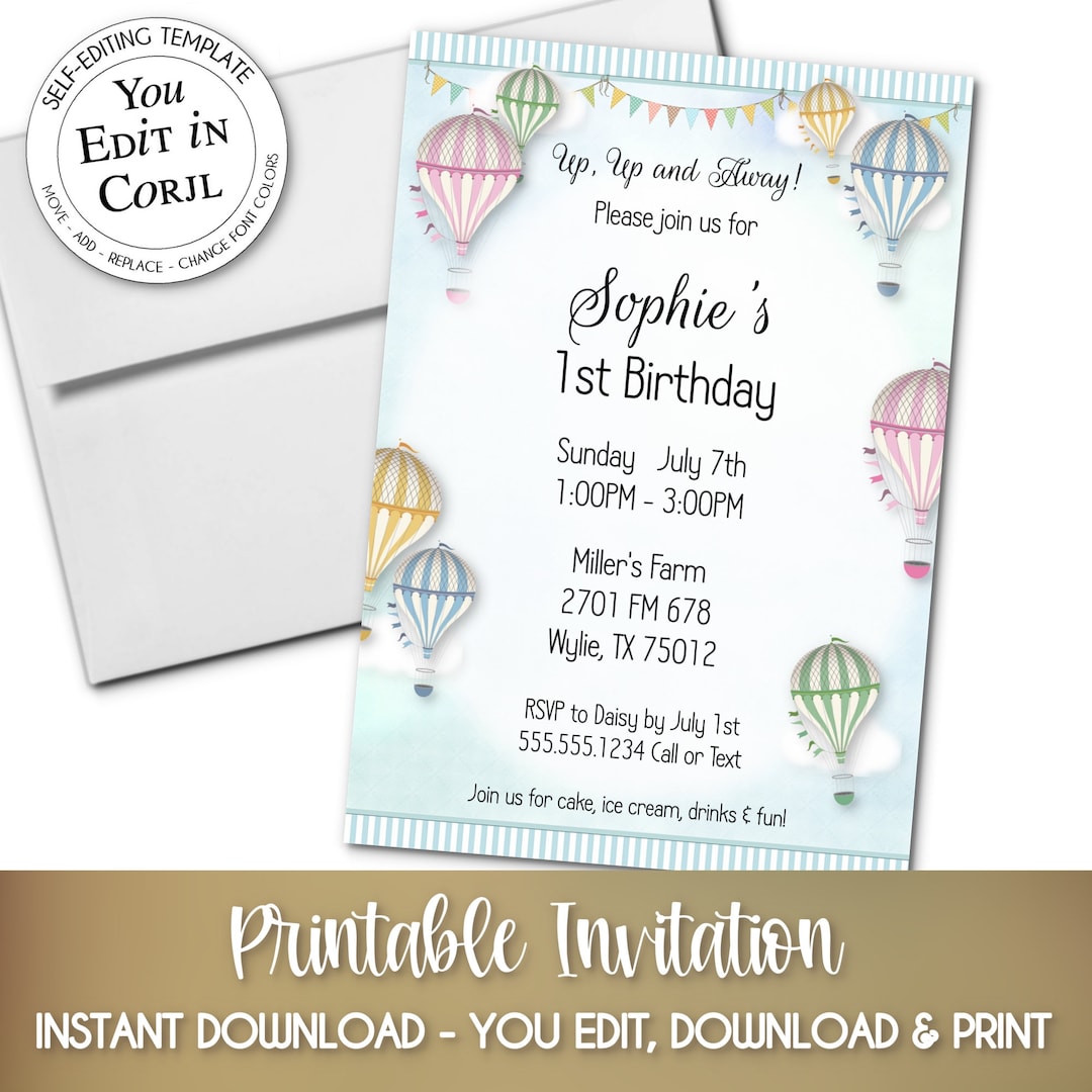 PRINTABLE Party Invitations, Pastel Hot Air Balloons, Pink, Blue ...