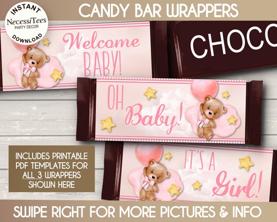 PRINTABLE | Baby Shower | Candy Bar Wrapper Templates | Bear with Pink ...