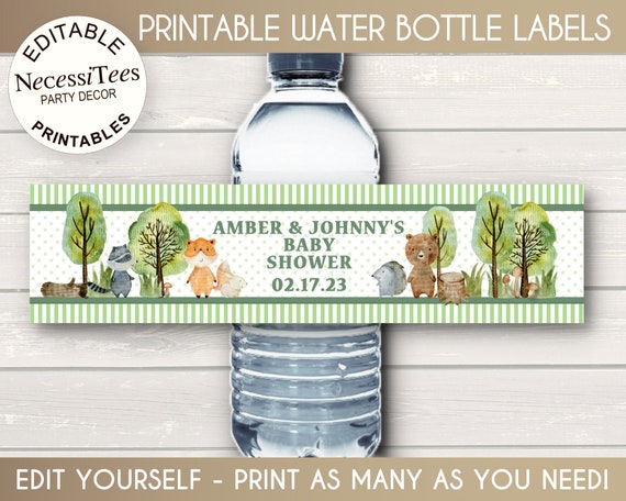 PRINTABLE Editable Water Bottle Labels Pdfs Baby Woodland | Etsy