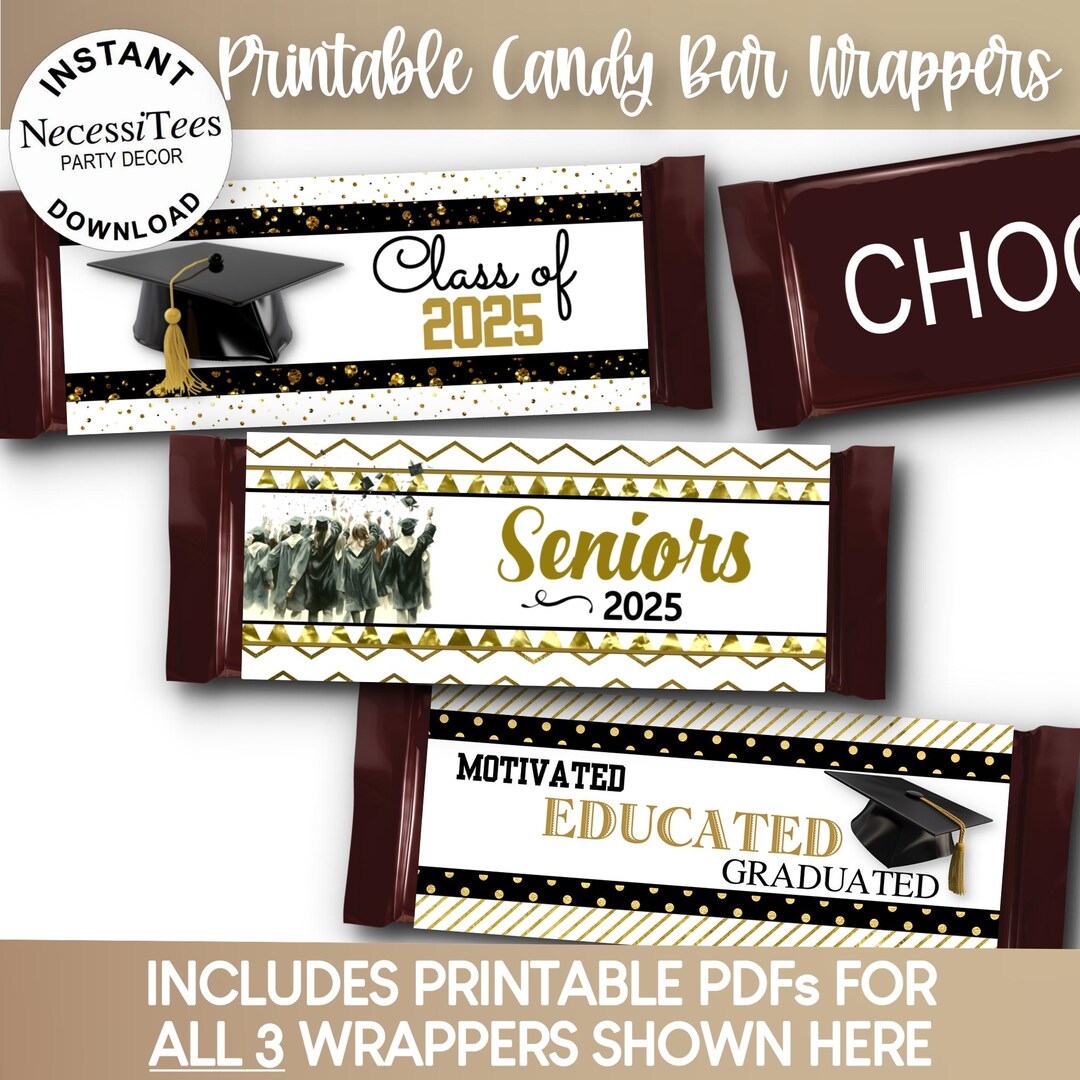 PRINTABLE Candy Bar Wrappers, | Graduation, Graduate | Black, Gold ...