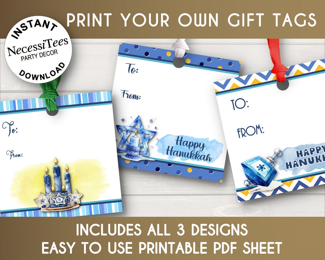 PRINTABLE Gift Tag Template Hanukkah Theme Dreidel, Candles, Menorah ...