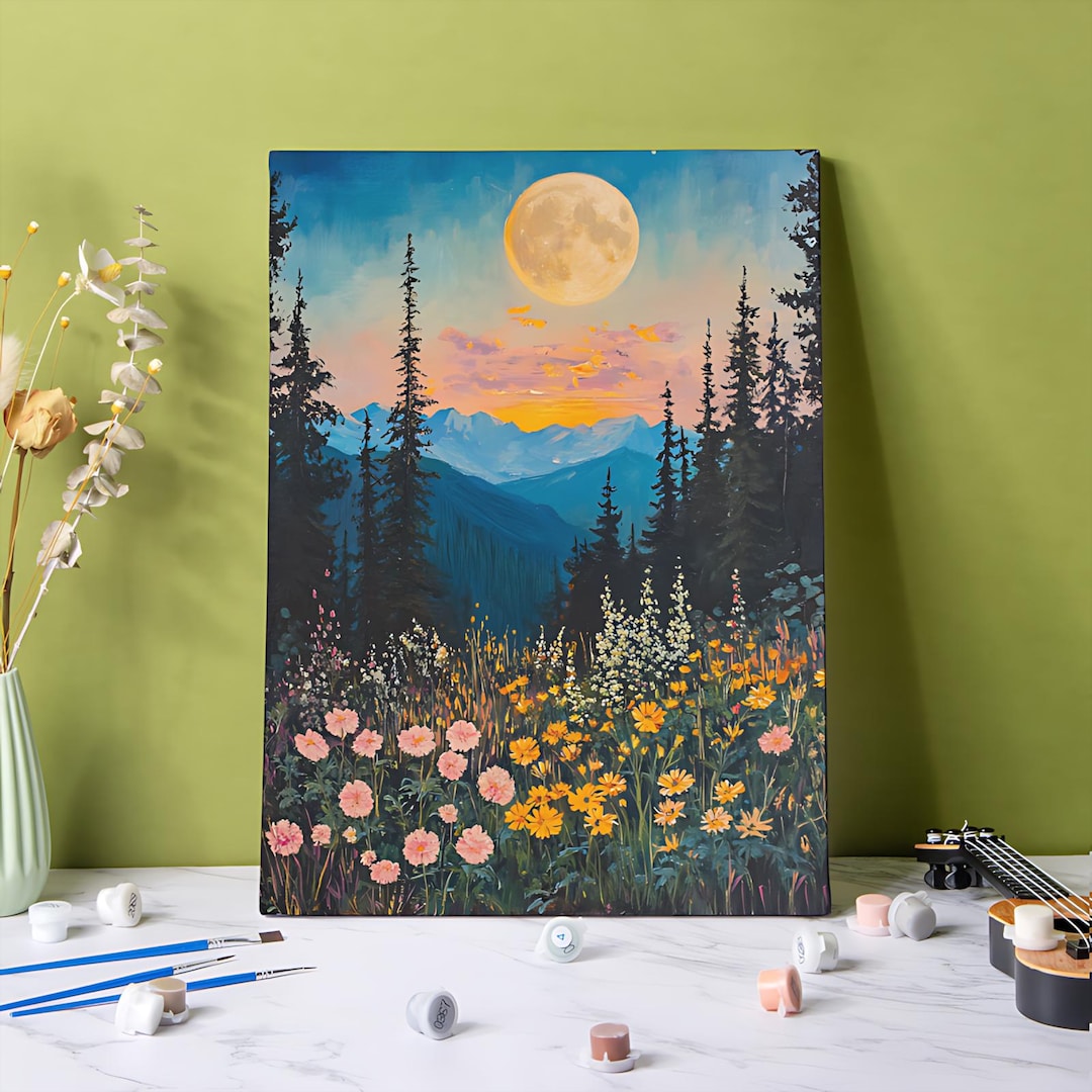 Moonlight Mountain Landscape Paint by Numbers Kit, Flowers Under the ...