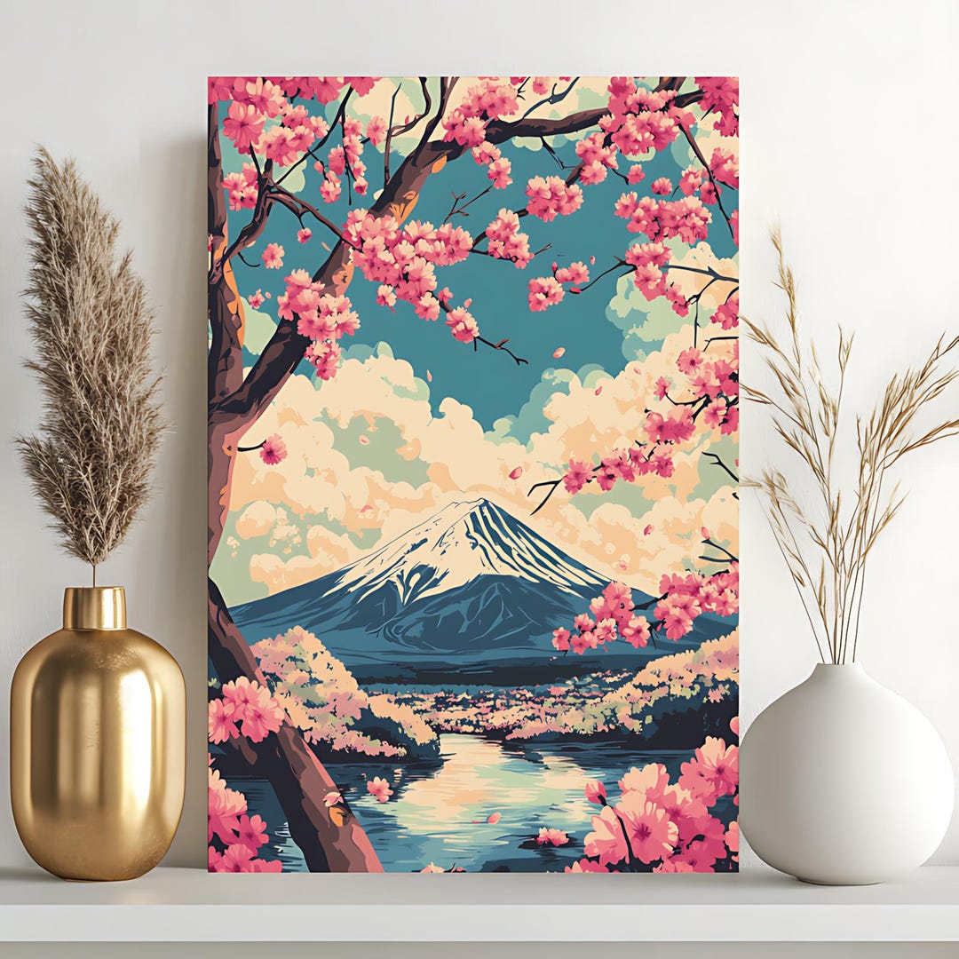 Mount Fuji Landscape Paint by Numbers Kit for Adult, Cherry Blossom 24 ...