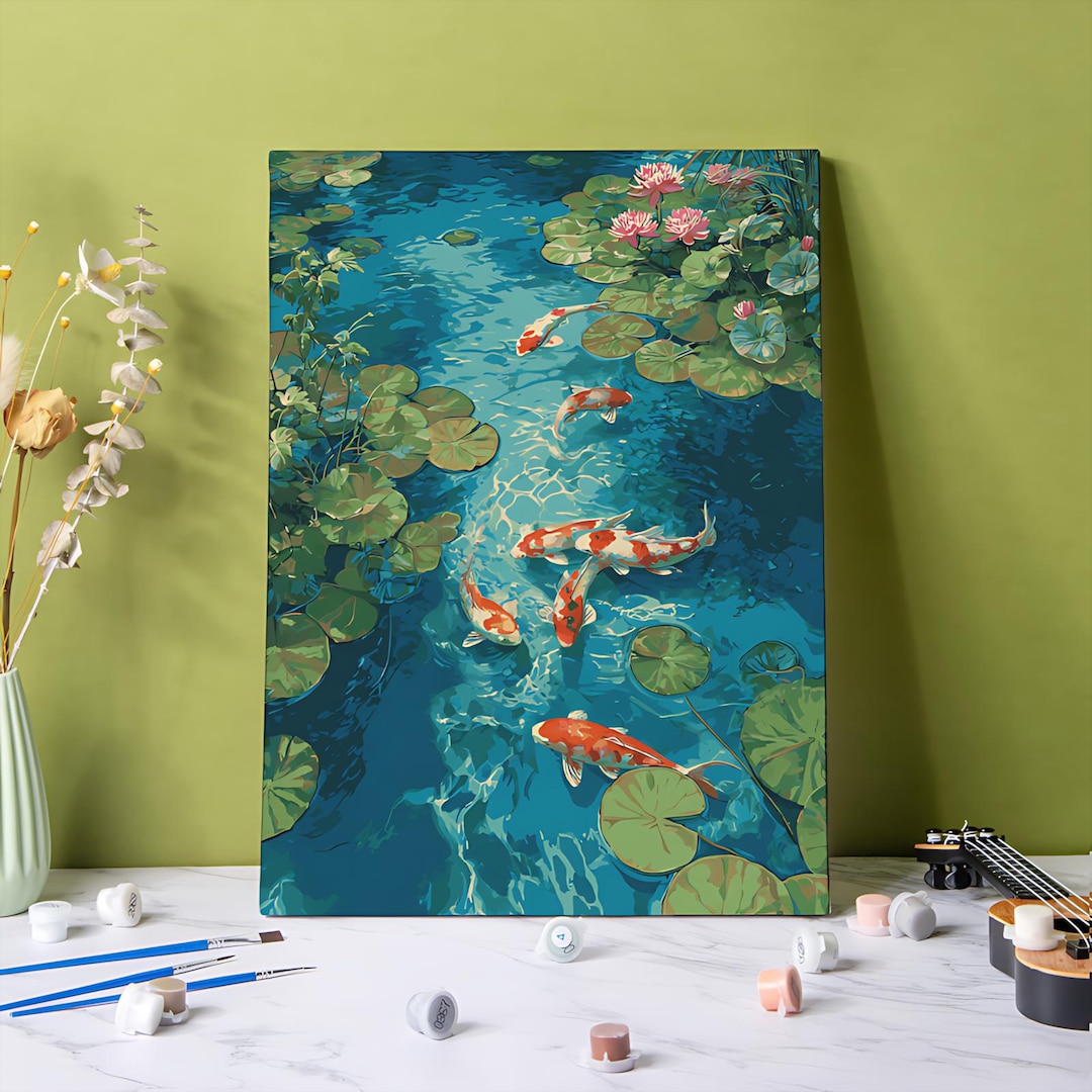 Koi Fish Paint by Numbers Kit: Lotus Pond DIY Acrylic Painting on ...