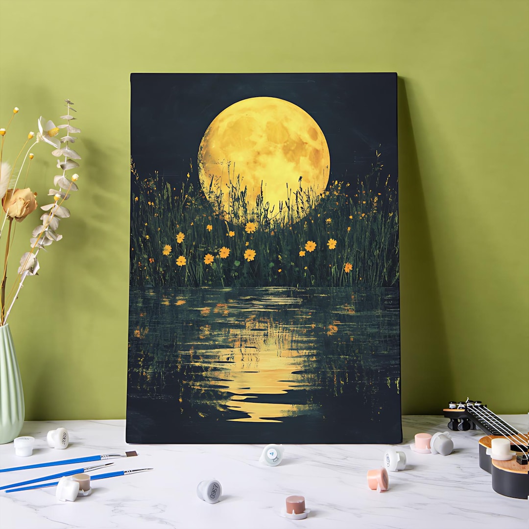 Full Moon Paint by Number Kit: Dreamlike Midnight Scene, DIY Canvas Art ...