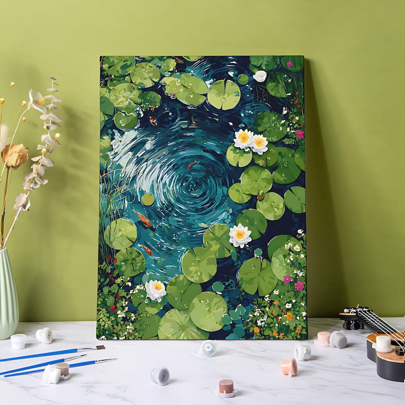 Water Lily Pond Paint by Numbers, Vibrant Lotus Pond DIY Painting Art ...