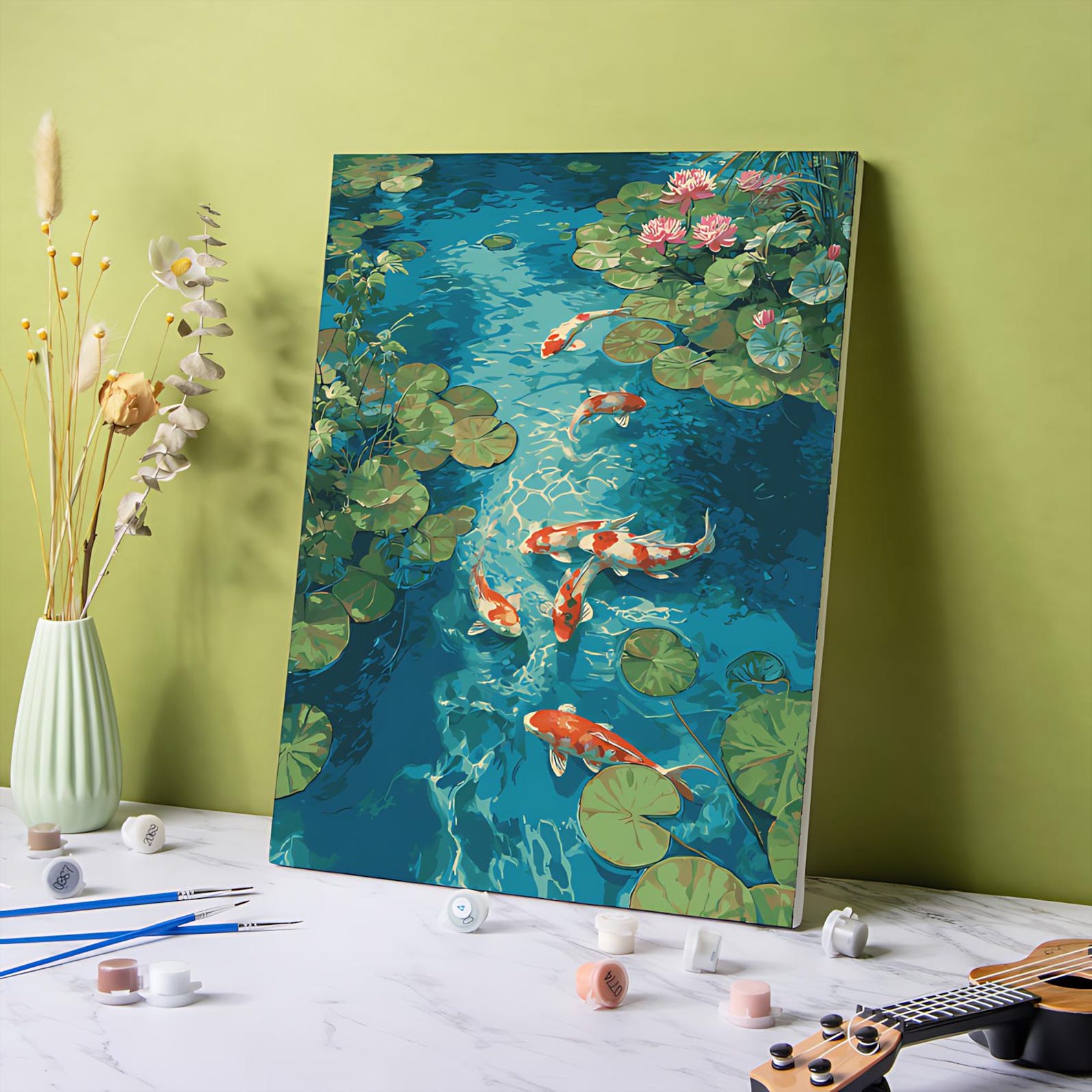 Koi Fish Paint by Numbers Kit: Lotus Pond DIY Acrylic Painting on ...