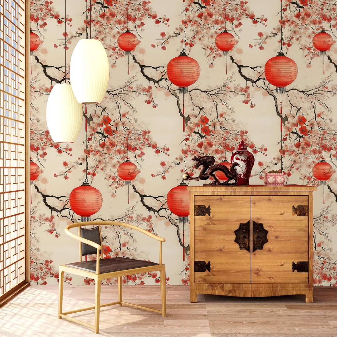 Oriental Lantern & Cherry Blossom Wallpaper - Asian-inspired Wall Mural ...