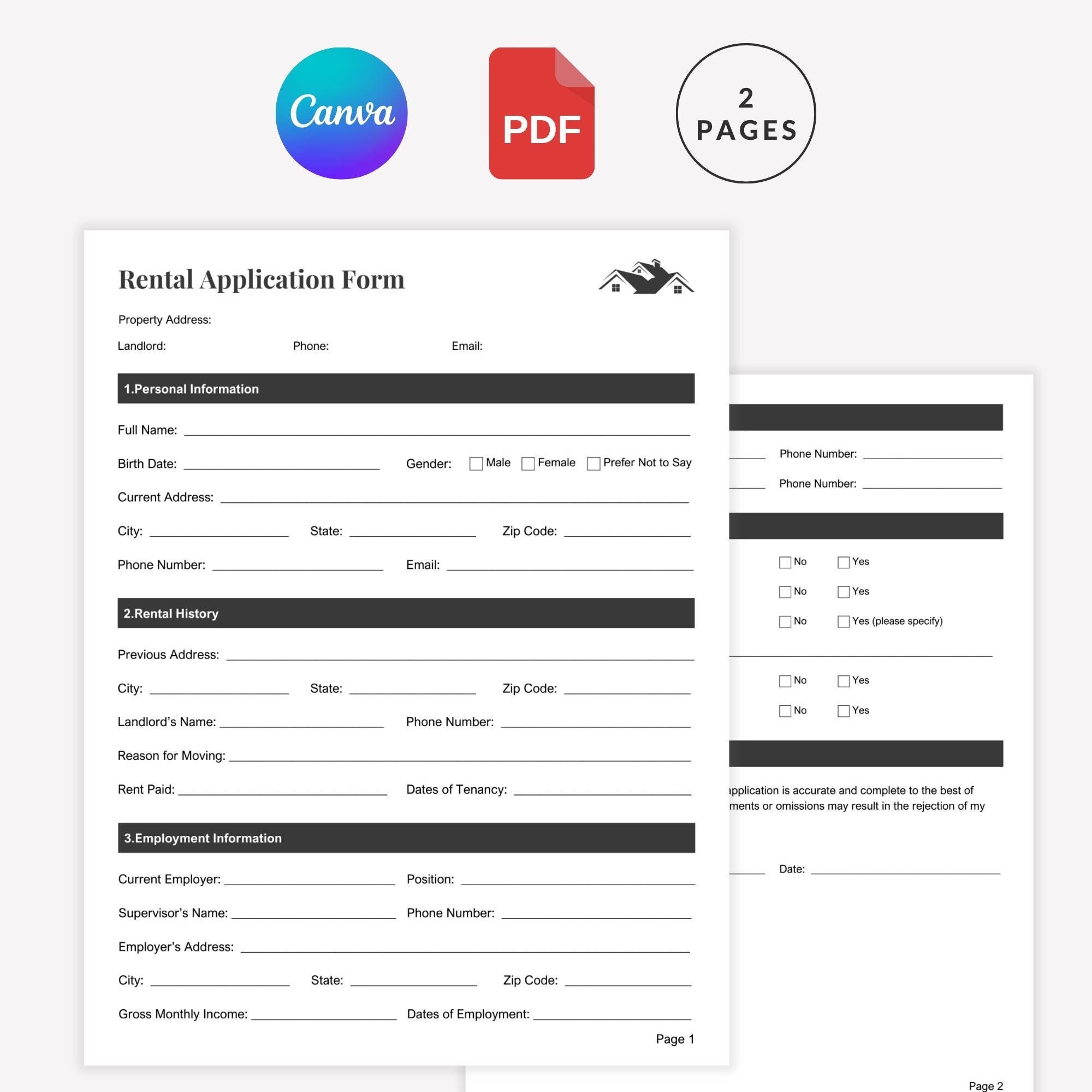 Printable Rental Application Form, Editable Canva, PDF Template for ...
