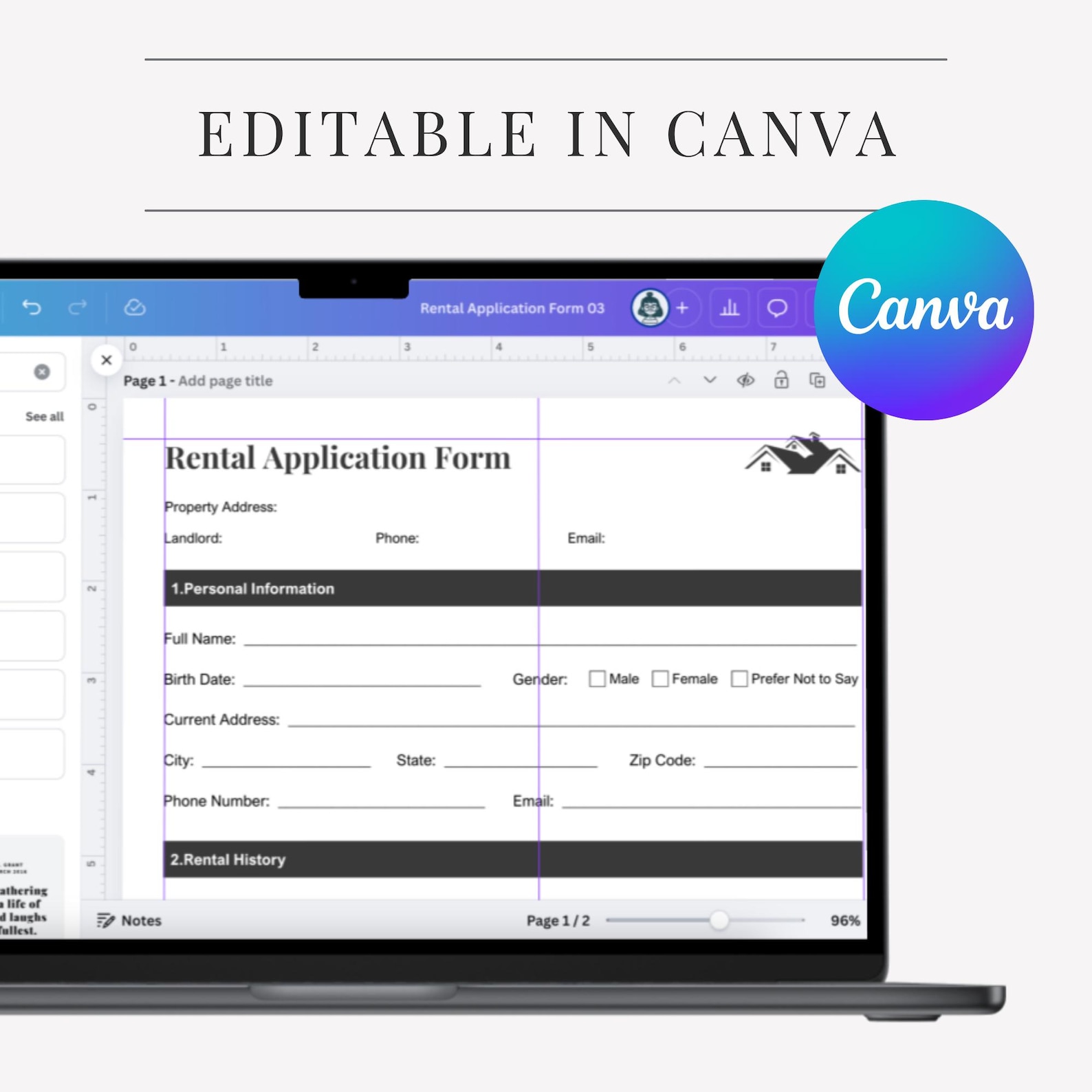 Printable Rental Application Form, Editable Canva, PDF Template for ...