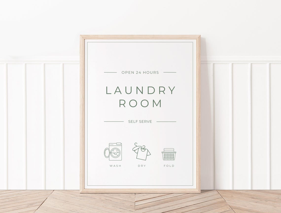 Green Laundry Room Sign, Minimalist Laundry Art Print Line Drawing ...