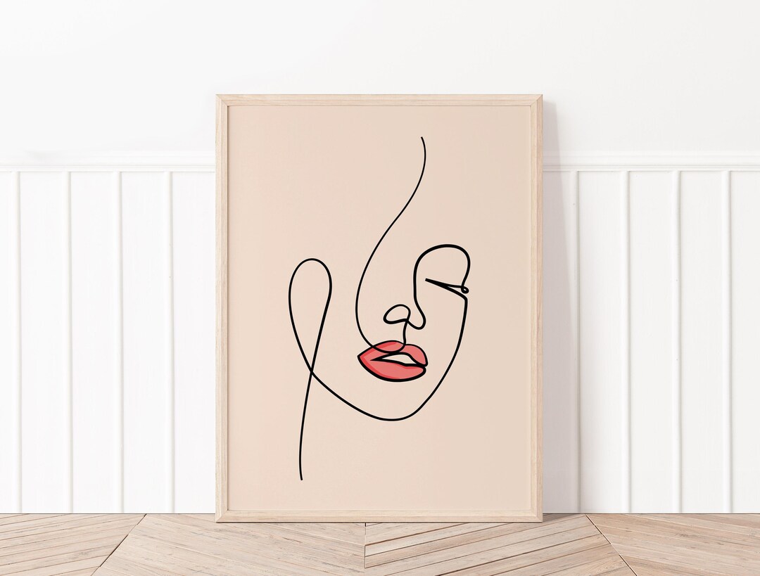 Sleeping Face Line Art Red Lips, Minimalist Bedroom Art Print, Neutral ...
