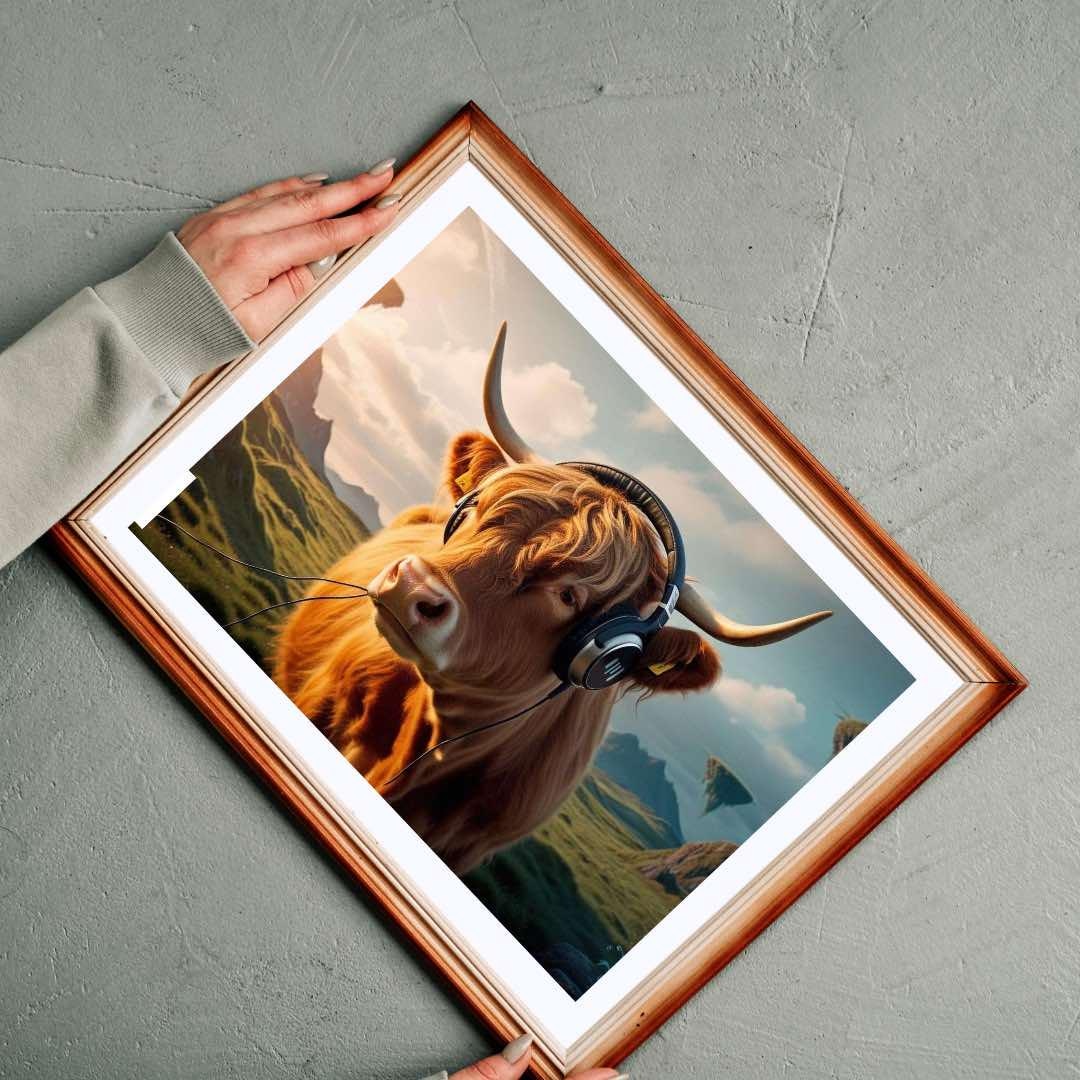 Highland Cow With Headphones Poster Farm Animal Art Print Bedroom Wall ...