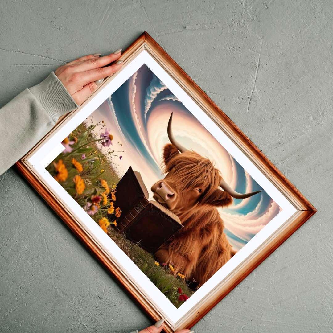 Highland Cow Reading a Book Poster Farm Animal Art Print Bedroom Wall ...