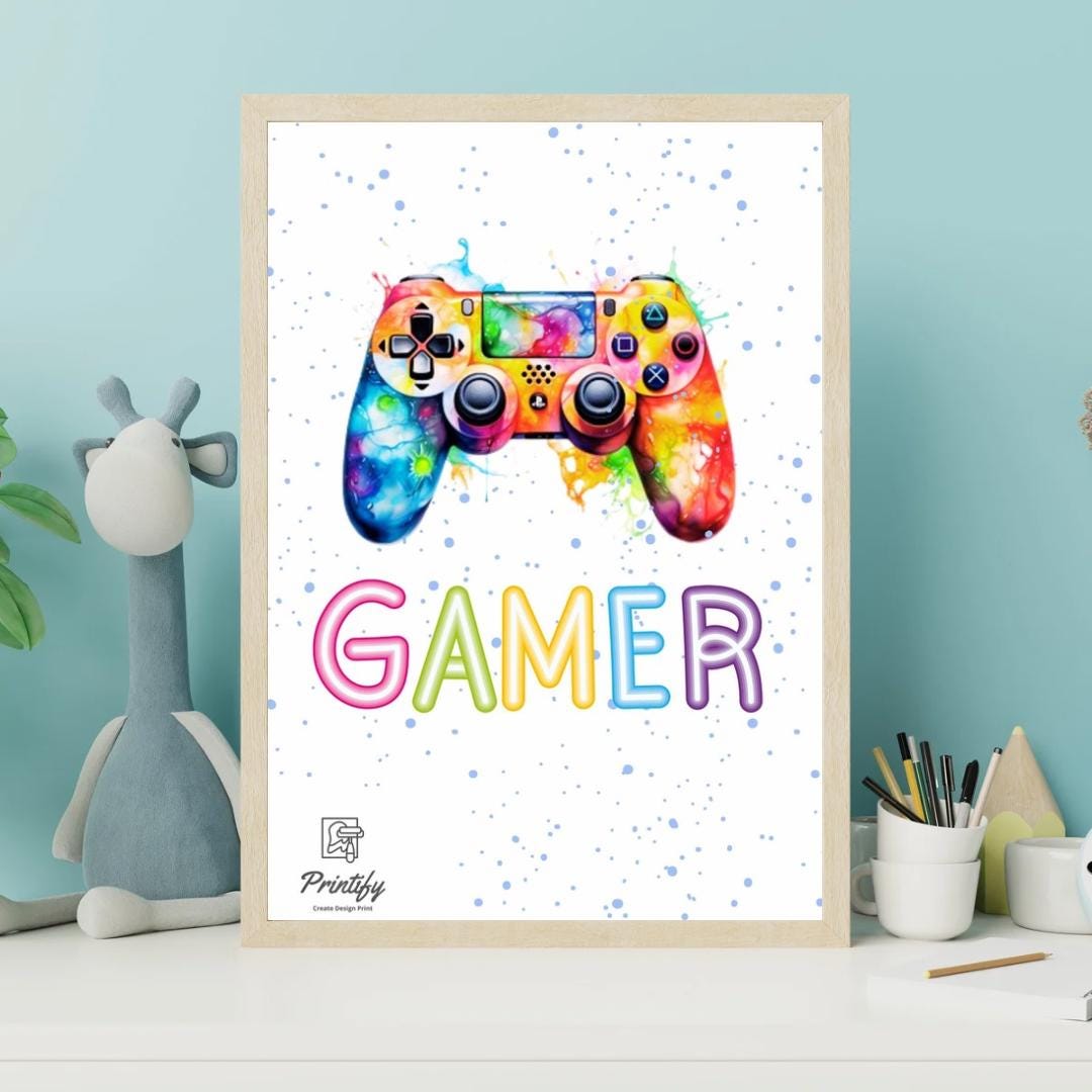 Gamer Controller Watercolour Print Wall Art Boy Bedroom Kids Bedroom ...