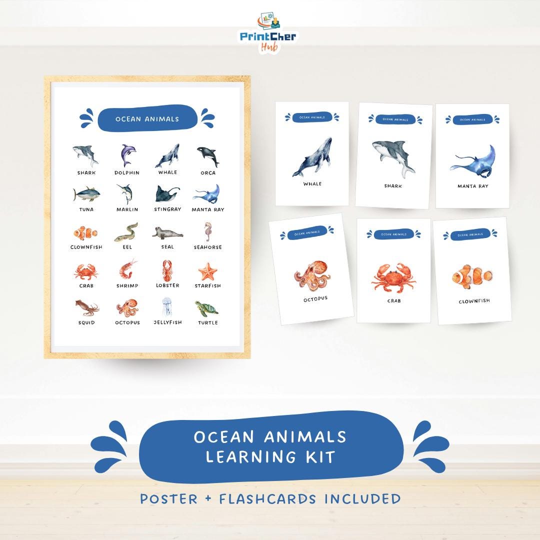 Ocean Animals Learning Kit | Poster and Flashcards Bundle Printable - Etsy