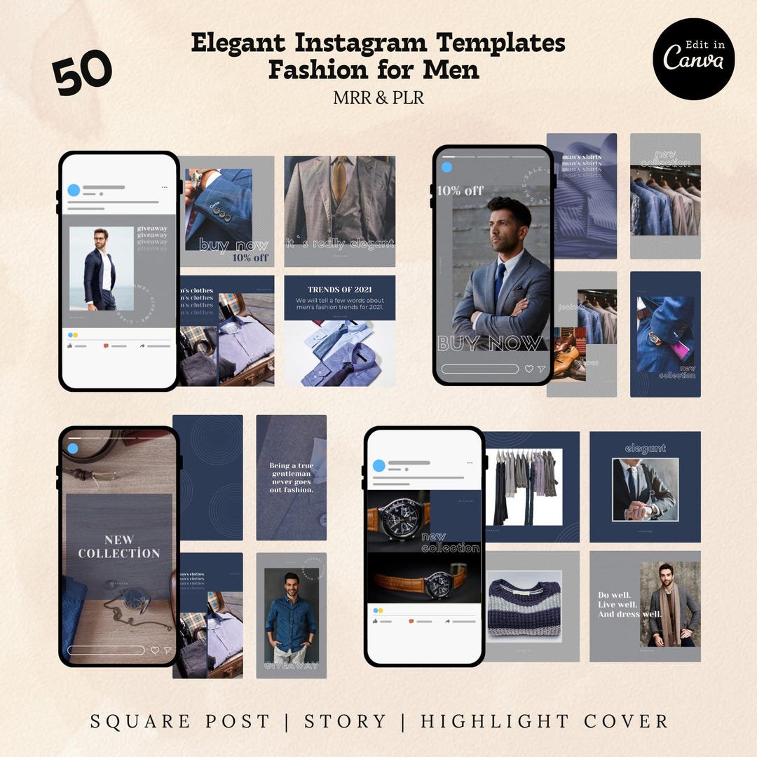 Men's Fashion Instagram Templates – 50 Canva Posts, Stories (MRR & PLR ...
