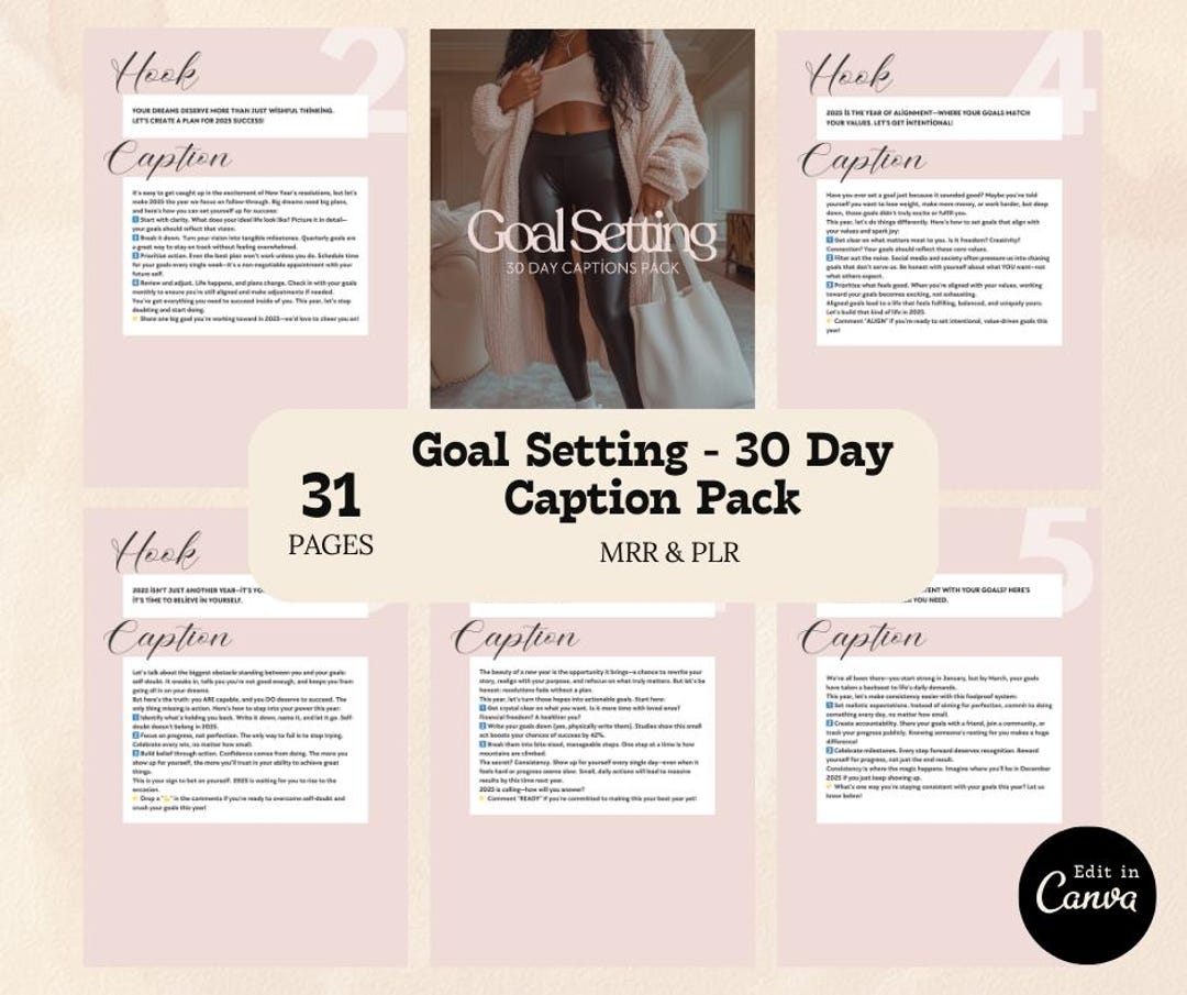 Goal Setting - 30 Day Caption Pack Canva Template | 31 Pages MRR & PLR ...