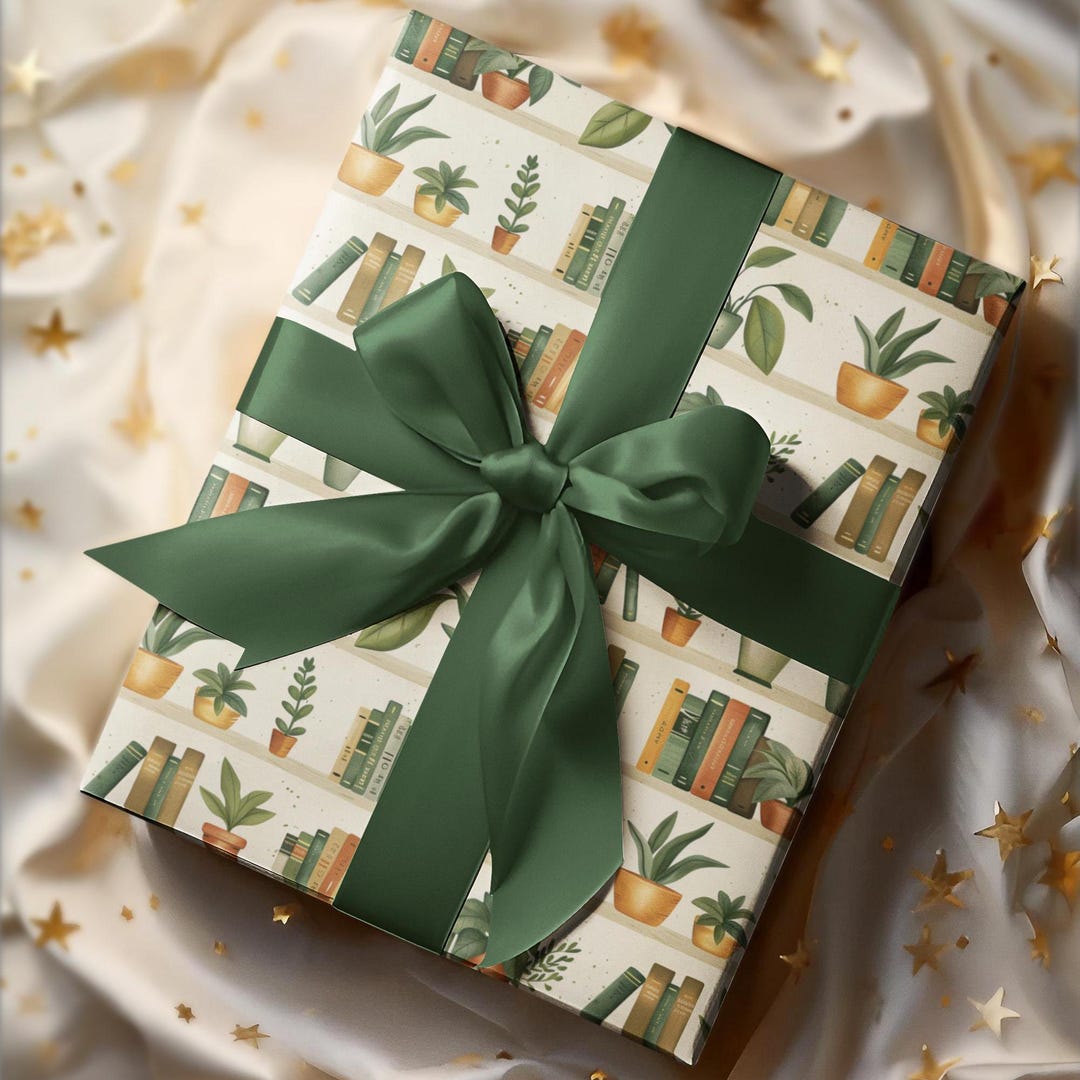 Books and Plants Wrapping Paper Bookshelf Wrapping Paper Book Lover ...