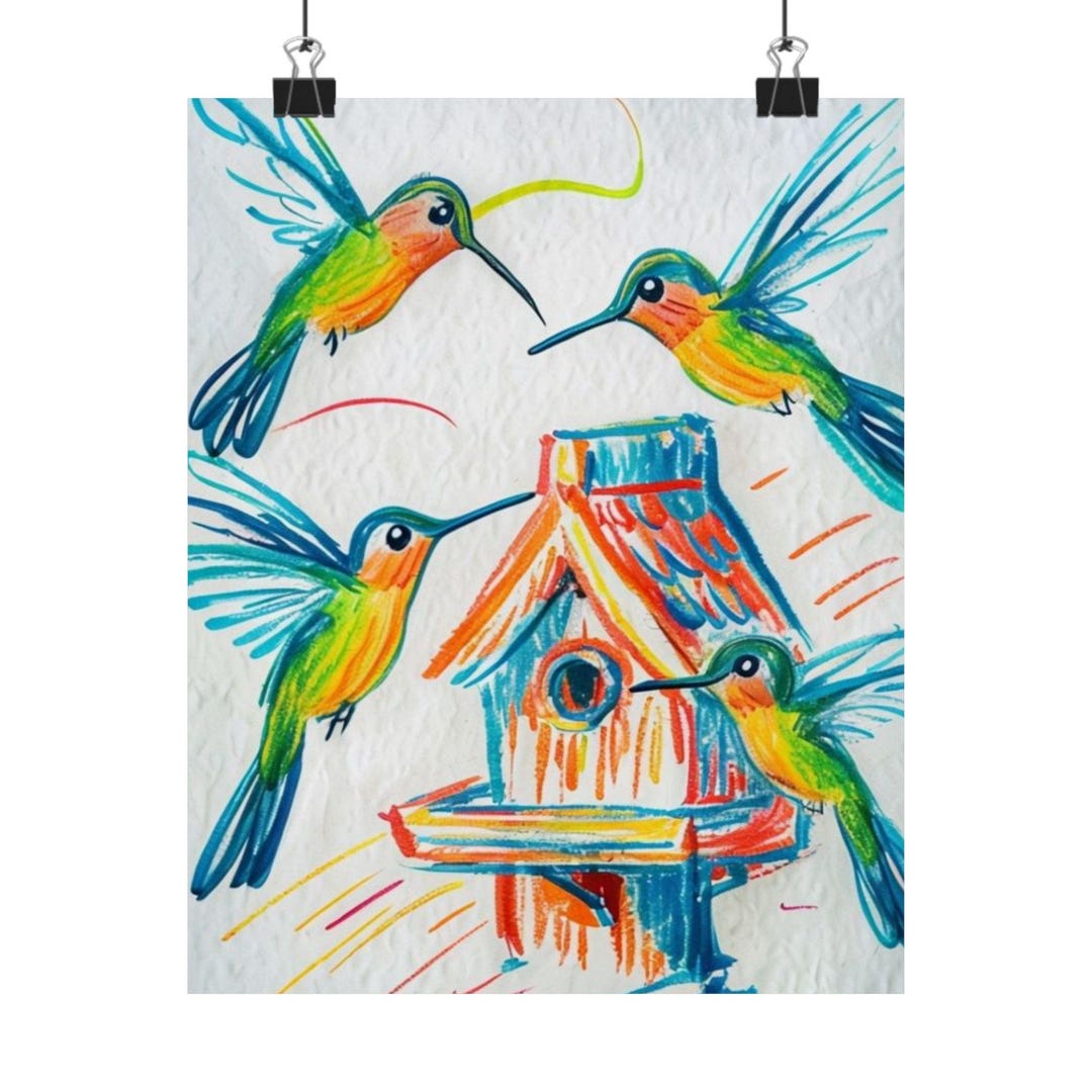 Vertical Posters, Playful Hummingbird Art Print, Bird House Feeder, Fun ...