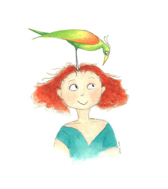 Girl Bird Art Print 8x10girl With Green Bird on - Etsy