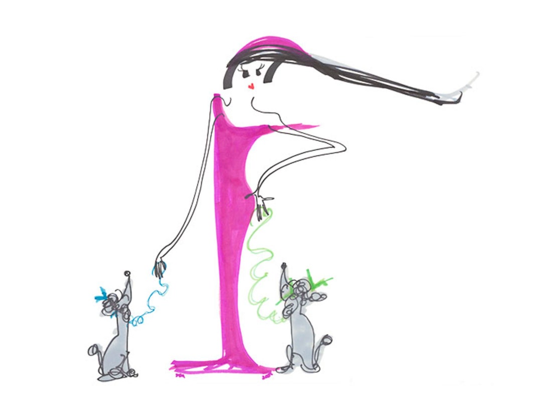 Poodle Art Print-8"x10"-woman Fashionista Diva in Magenta/pink With 2 ...