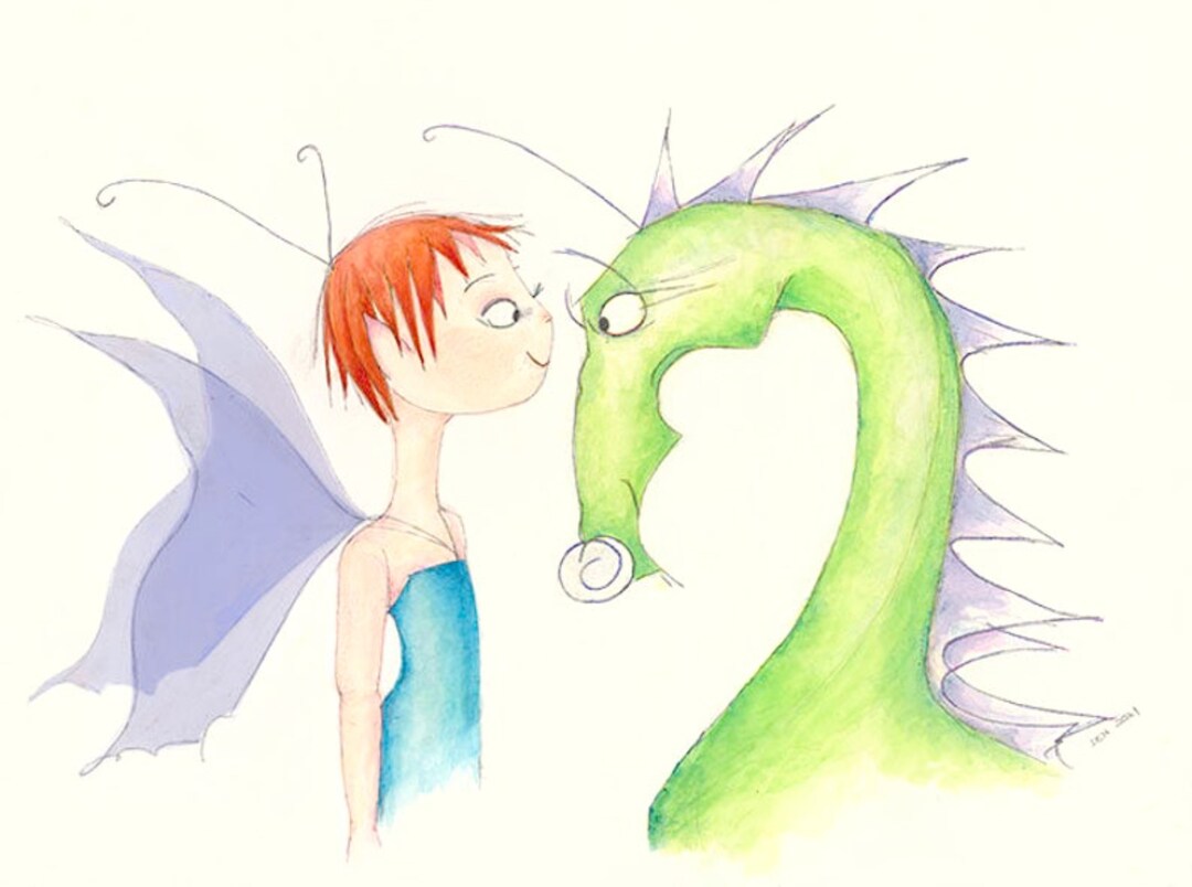 Dragon and Pixie Fairy Art-8"x10"print-green Dragon-sprite Elf-redheads ...