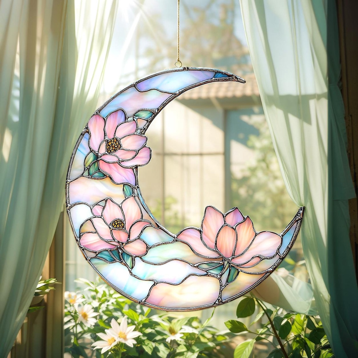 Crescent Moon and Floral Faux Stained Glass Suncatcher, Boho Window ...