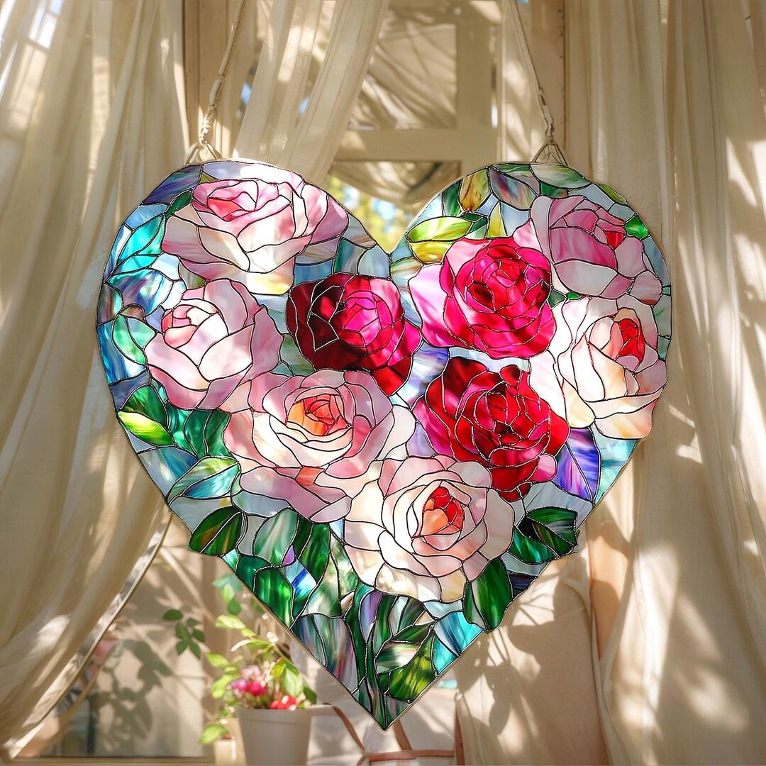 Rose Flower Faux Stained Glass Heart Suncatcher, Acrylic Window Hanging ...