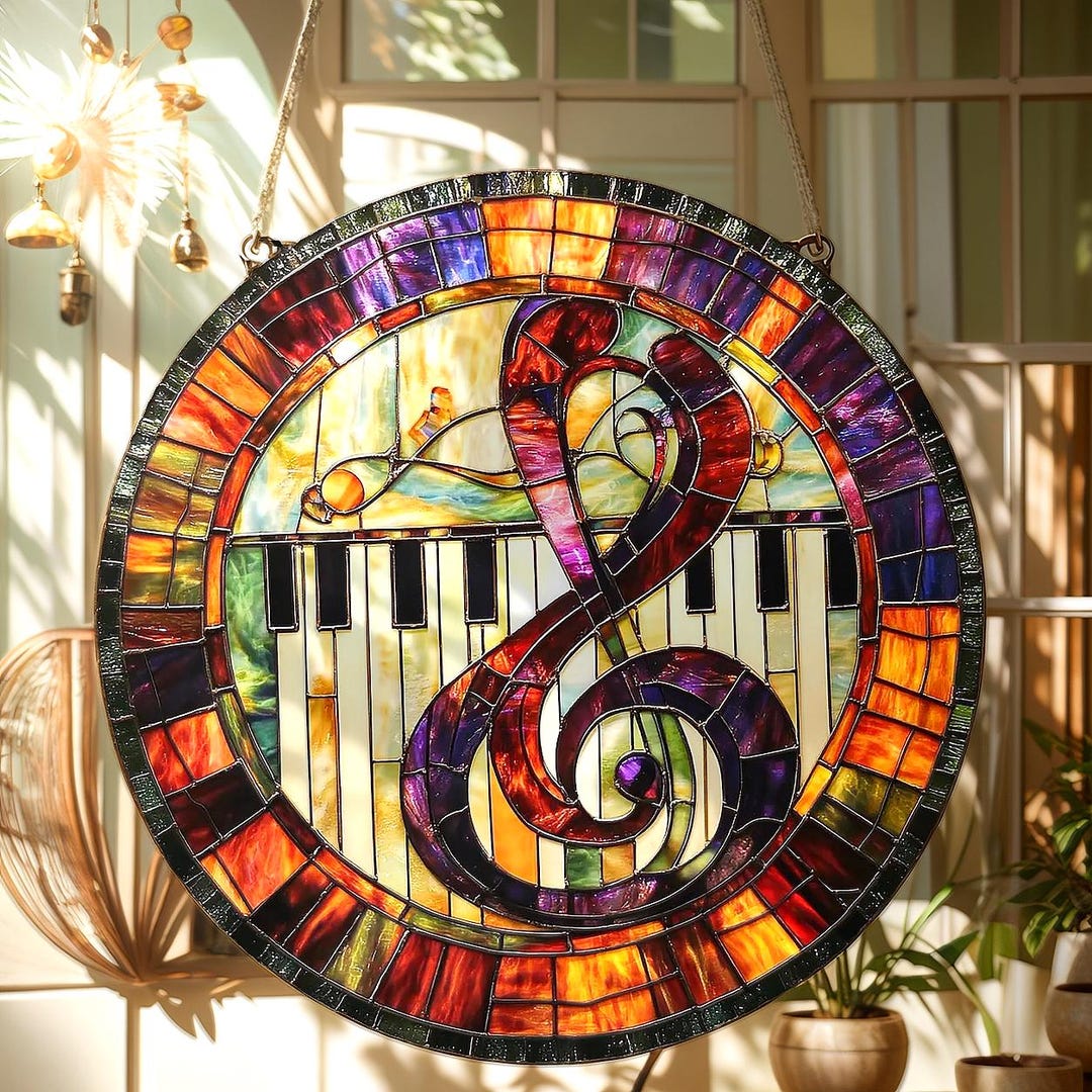 Treble Clef Faux Stained Glass Suncatcher, Musical Note Ornament for ...