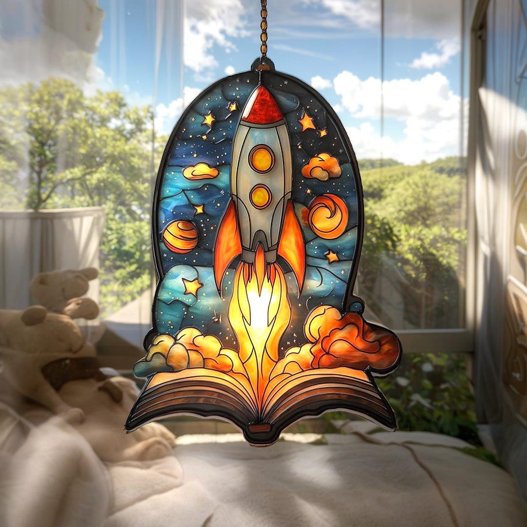 Acrylic Rocket Launch Suncatcher – Book & Stars Window Decor – Fantasy ...
