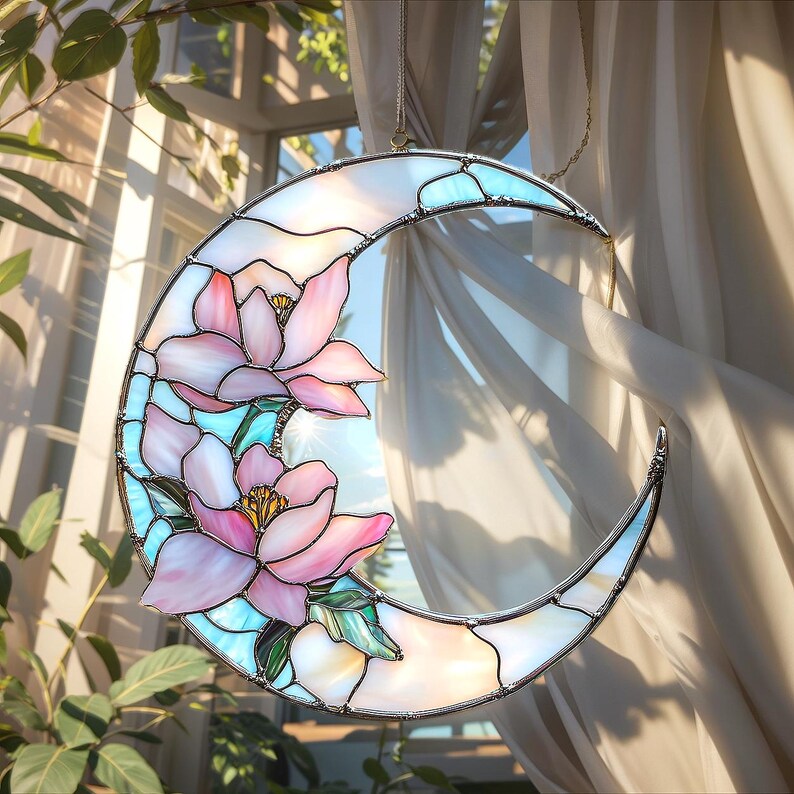 Crescent Moon and Floral Faux Stained Glass Suncatcher, Boho Window ...