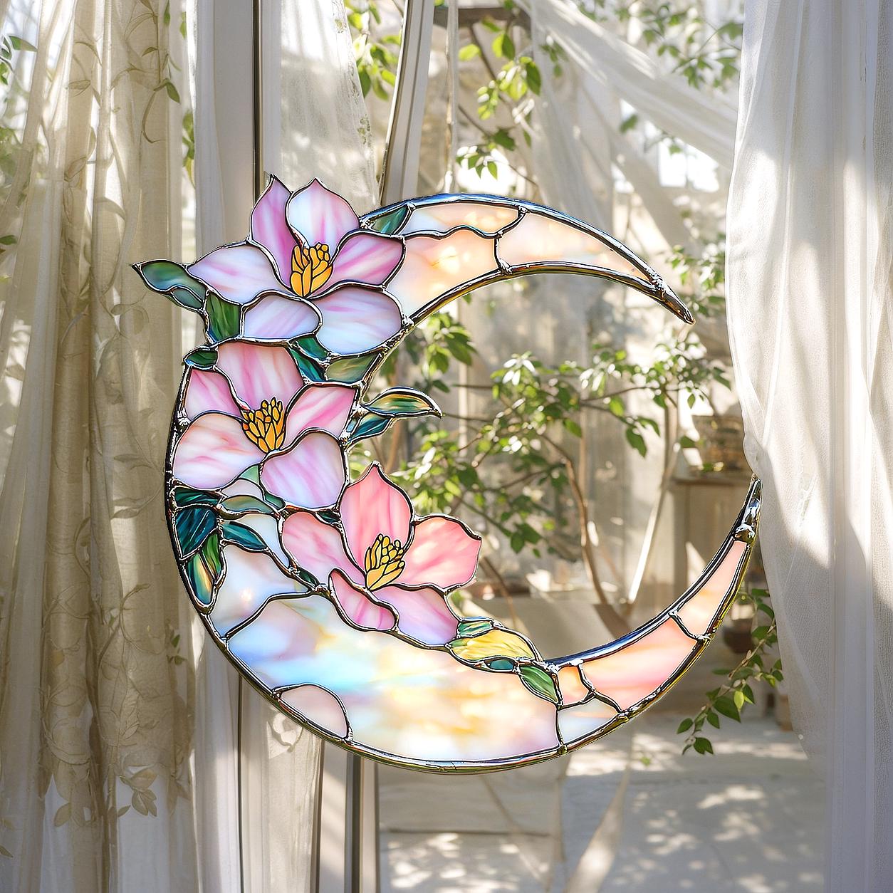 Crescent Moon and Floral Faux Stained Glass Suncatcher, Boho Window ...