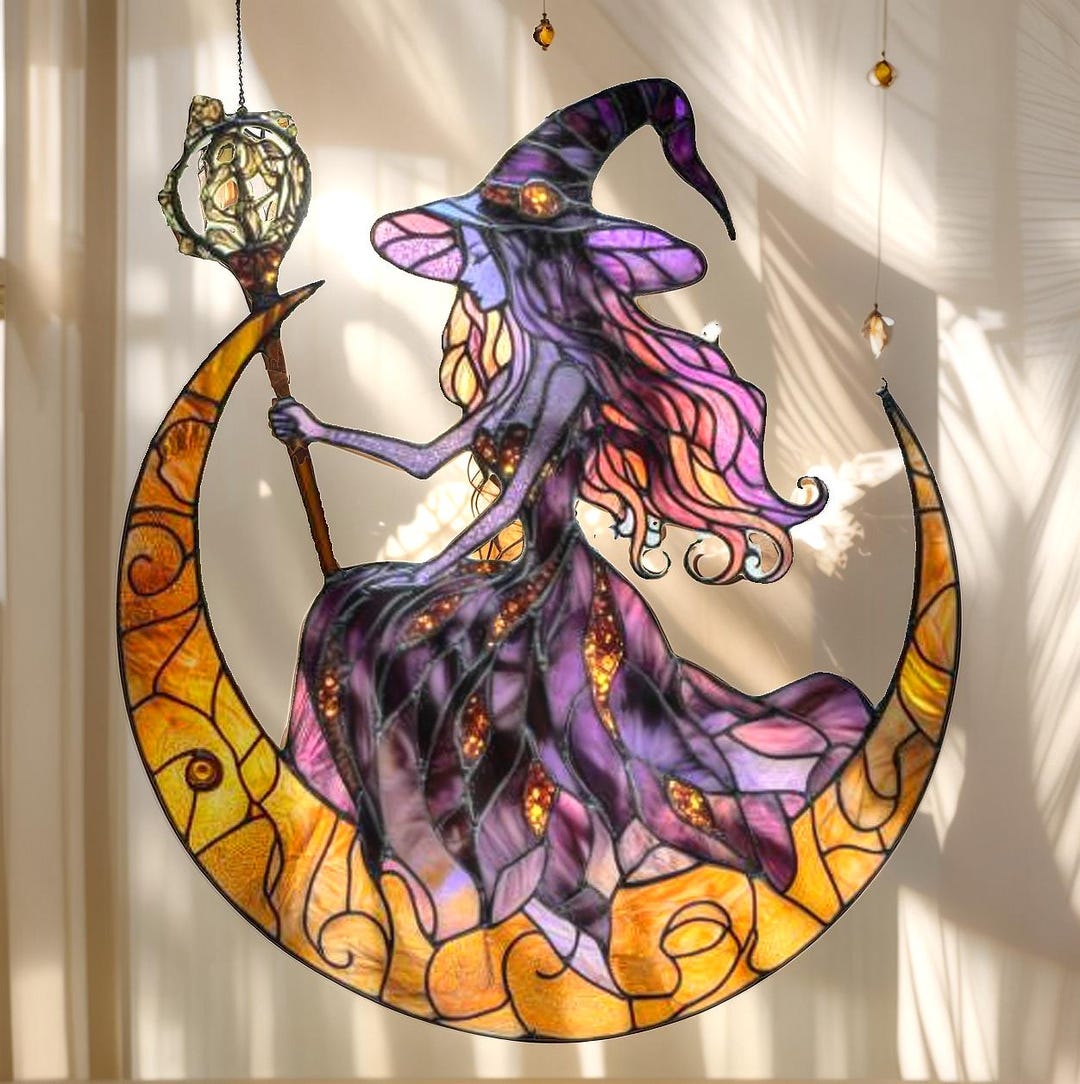 Fantasy Witch and Moon Suncatcher With Staff – Stained Glass Gift for ...
