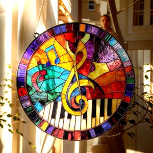 Treble Clef Faux Stained Glass Suncatcher, Musical Note Ornament for ...