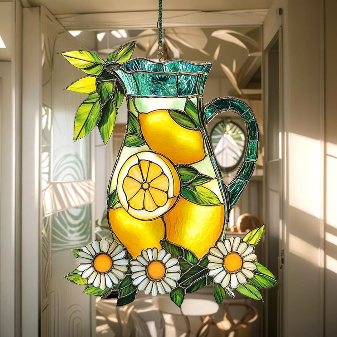 Lemon Pitcher Stained Glass Panel – Summer Window Decor – Fresh Citrus ...