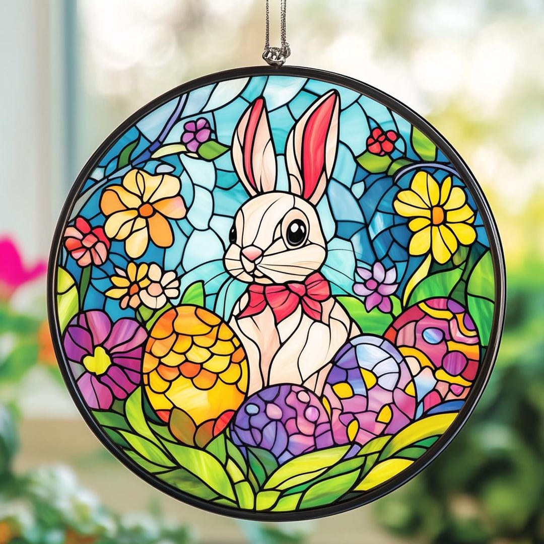 Charming Easter Bunny Stained Glass Suncatcher With Floral Accents and ...