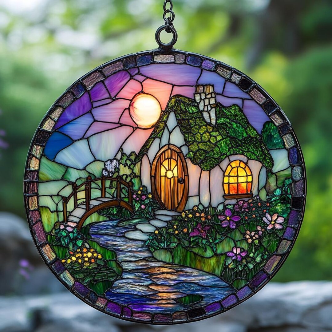 Stained Glass Cottage Suncatcher, Fairy Tale Window Hanging, Cozy ...