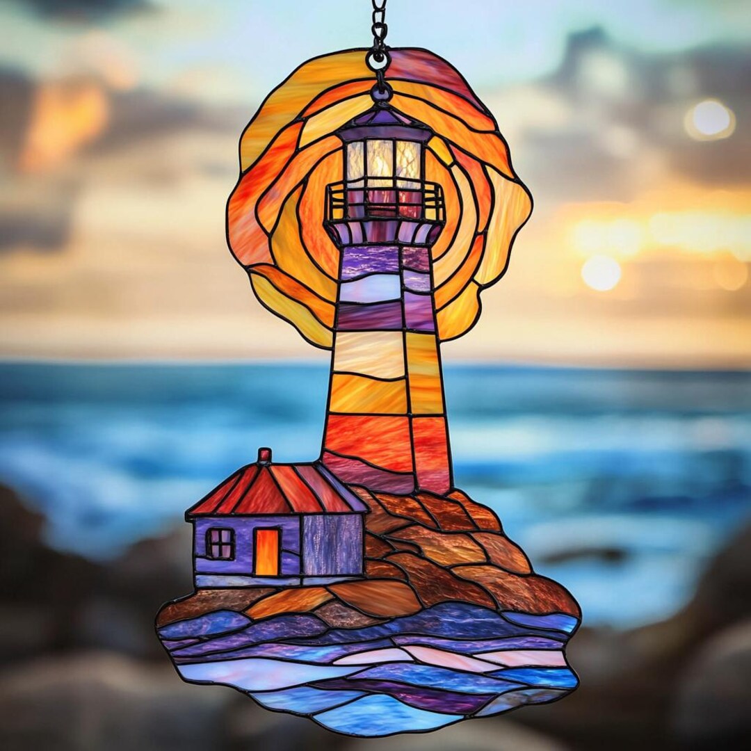 Lighthouse Acrylic Suncatcher, Coastal Sunset Scene With Ocean Waves ...