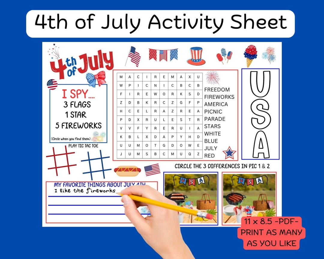 4th of July Activity Sheet, Activity Placemat, Activity Sheet for Kids ...
