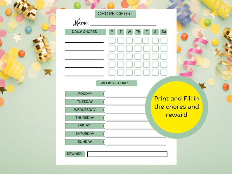 Printable Kids Daily Weekly Chore Chart, Reward Chart for Kids, Kids to ...